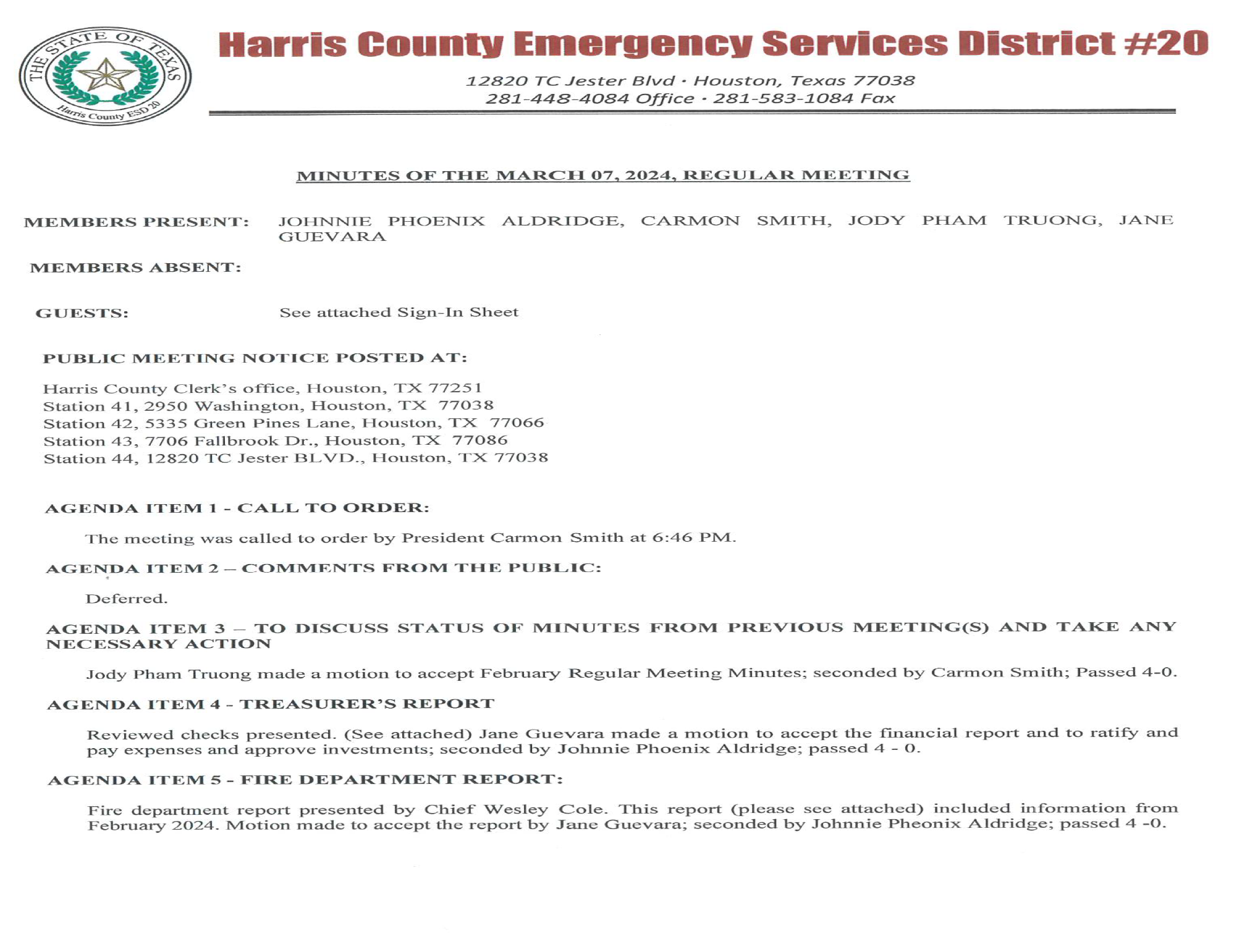 March 2024 Meeting Minutes – Harris County ESD No. 20