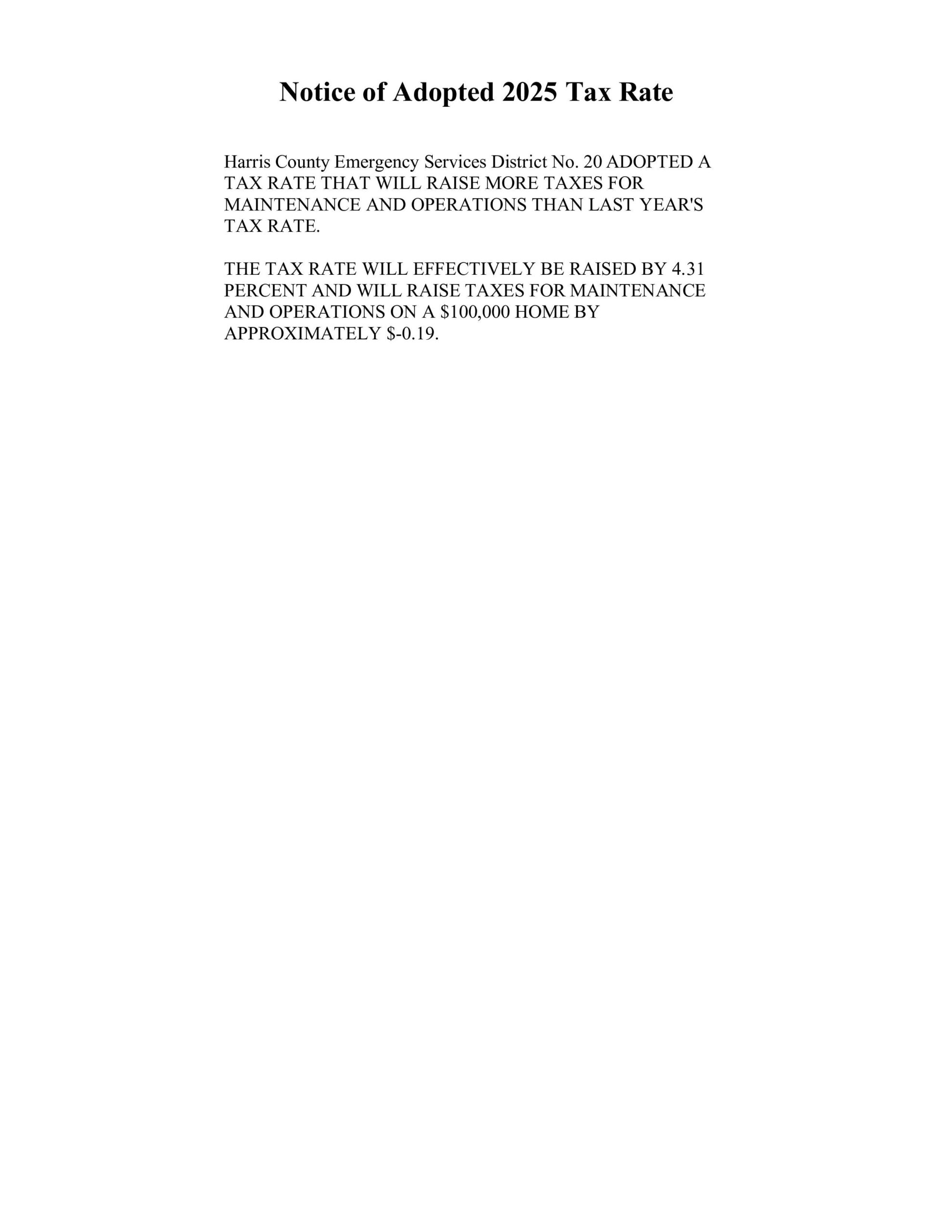 Notice of Adoption of 2025 Tax Rates – Harris County ESD No. 20